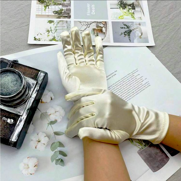 unb | Accessories | Pair Short Elastic Satin Gloves In Beige Nwt | Poshmark
